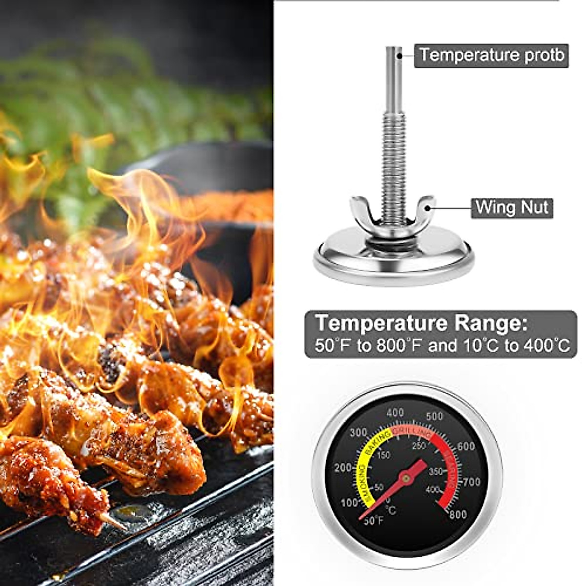 DOZYANT BBQ Charcoal Grill Smoker Temperature Gauge Pit Barbecue Thermometer Fahrenheit and Heat Indicator for Meat Cooking Port Lamb Beef, Stainless Steel Temp Gauge