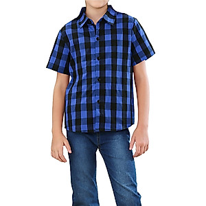 Cromoncent Mens Plaid Shirt Short Sleeve Summer Button Down Shirts Buffalo Plaid Blue, Large