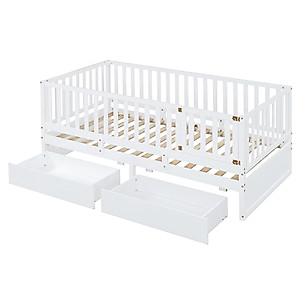 Twin Bed Frame with Rails and Storage Drawers, Can Be Divided into A Twin Size Floor Bed with Fence and A Daybed with 2 Drawers, Wood Montessori Beds for Kids Boys Girls Teens, White