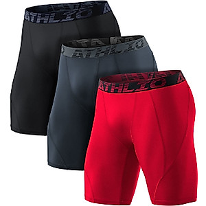 ATHLIO Men's Athletic Cool Dry Compression Shorts, Sports Performance Active Running Tights, 3pack Cool Dry Shorts Black/Charcoal/Red, X-Large