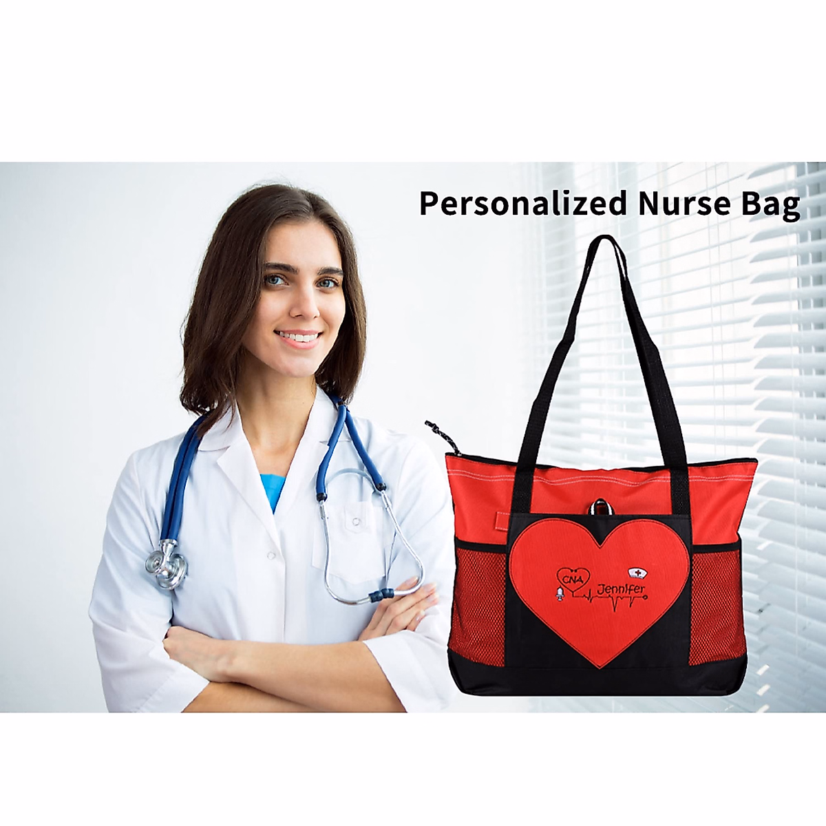 KRFITYA Personalized Nurse Tote Bag, CNA, RN, LPN Custom Heart Stethoscope Initials Gift Embroidered Medical Tote Bag