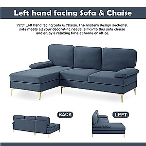 POCIYIHOME 79.5" Left Hand Facing Sectional Sofa Couch with 2 Detachable Armrest Pillows, Modern Fabric 3-Seater L Shape Chaise with Metal Legs for Living Room,Apartment,Office, Polyester, Navy Blue