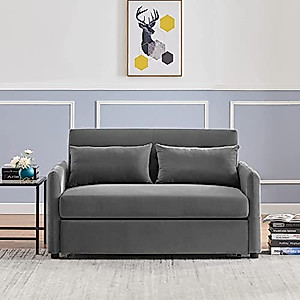Garhelper Velvet Pull Out Sofa Sleeper,Convertible 3 in 1 Upholstered Loveseat Sleeper Sofa, Adjustable Backrest Save Space Compact Sofa Couch with 2 Lumbar Pillows and Side Pocket for Living Room