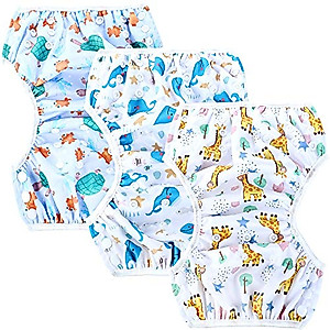 Leekalos One Size Adjustable Reusable Swim Diaper Boys & Girls, Swim Diapers for Baby Shower Gifts & Swimming Lessons, Pack of 3 (Fish, Giraffe, Whale, Small)