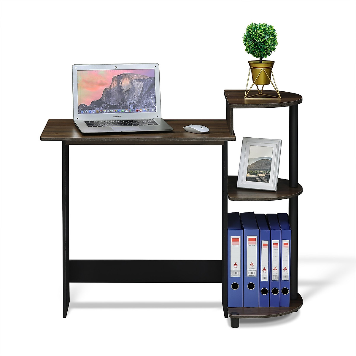Furinno Compact Computer Desk with Shelves, Round Side, Columbia Walnut/Black