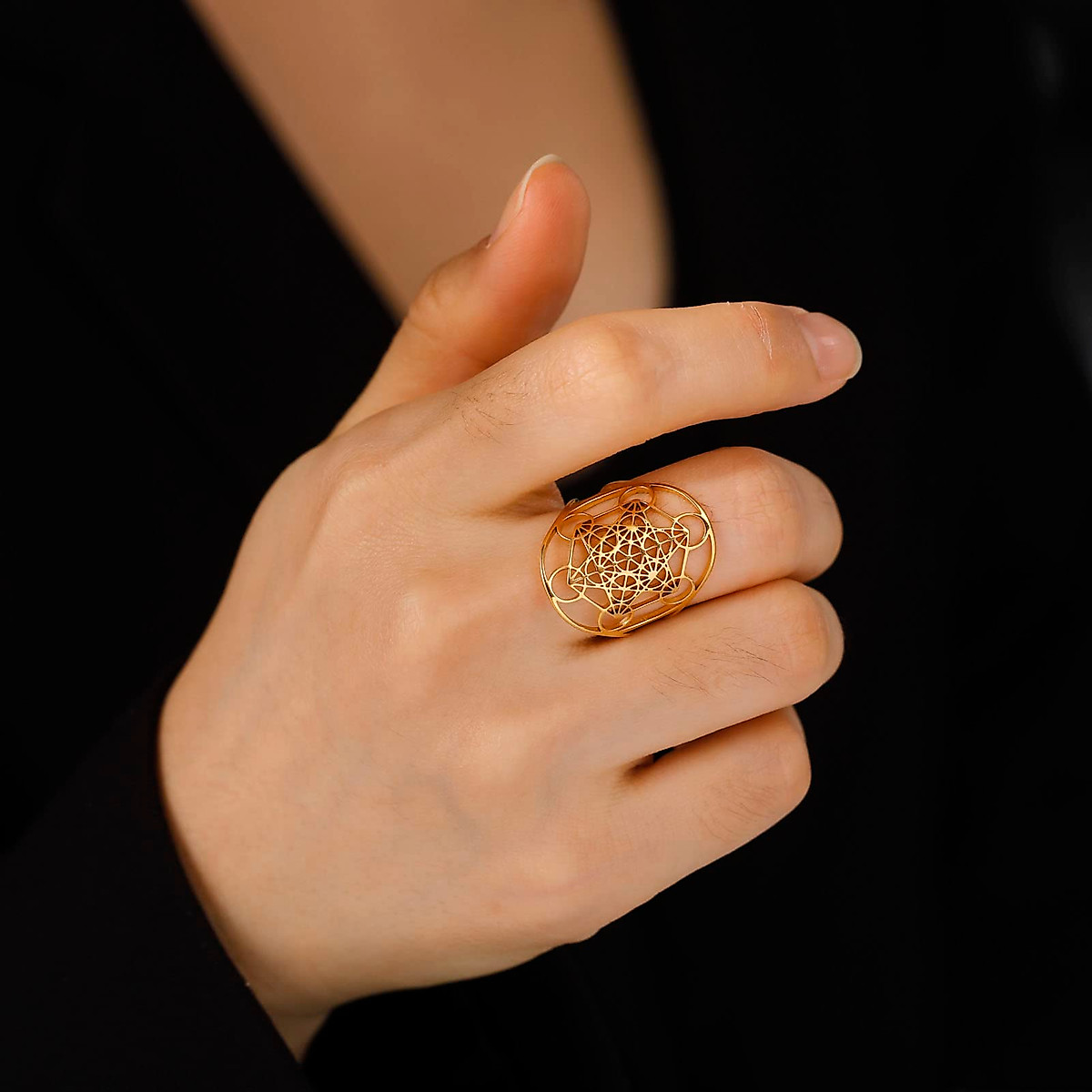 Amaxer Metatron's Cube Ring Archangel Metatron Protection Statement Hollowed Out Womens Stainless Steel Open Band Ring Jewelry