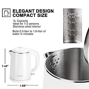 Secura Stainless Steel Double Wall Electric Kettle Water Heater for Tea Coffee w/Auto Shut-Off and Boil-Dry Protection, 1.0L (White)