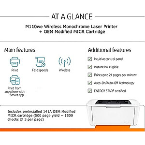 RT M110we Wireless Monochrome Laser Check Printer Bundle with 1 OEM Modified 141A MICR Ink Toner Cartridge for Printing Business and Personal Checks (2 Items)