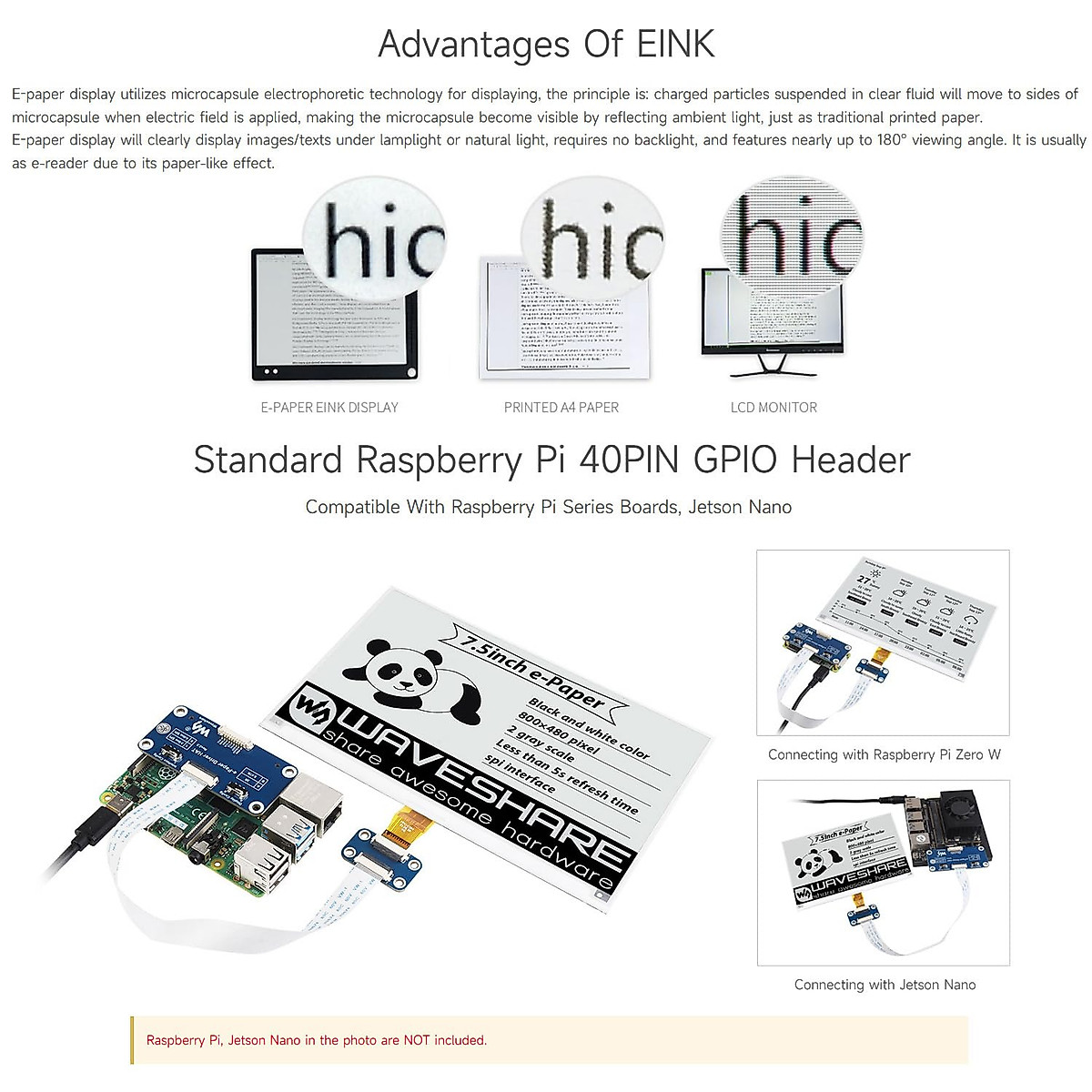 Waveshare 7.5inch E-Ink Display HAT Compatible with Raspberry Pi 5/4B/3B/Zero/Zero W/Zero 2W/Pico/Pico W/Pico WH, 800×480 Resolution SPI Interface