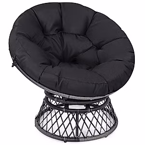 KROFEM 37" Wicker Papasan Circle Chair 360° Swivel, Indoor Outdoor Furniture, Ideal for Teenagers, Frame with Black Thick Cushion