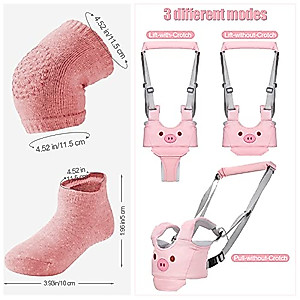 Baby Walking Harness Breathable Handheld Baby Walker Assistant Belt Adjustable Toddler Walking Assistant with 4 Pairs Non-Slip Toddler Socks Grips 4 Pairs Baby Knee Pads for Crawling, 7-24 Months