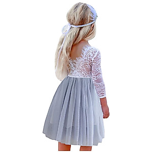 2Bunnies Girl Rose Lace Back A-Line Straight Tutu Tulle Party Flower Girl Dresses (Dusty Blue Sleeve Knee, 12Months)