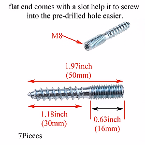 Yadaland M8x50mm Length Hanger Bolts with Slots Inserted Easily Convenient Adjust Sturdy Connection Double Headed Self Tapping Screw Carbon Steel 7 PCS for Furniture Frame Raise up Couch Legs