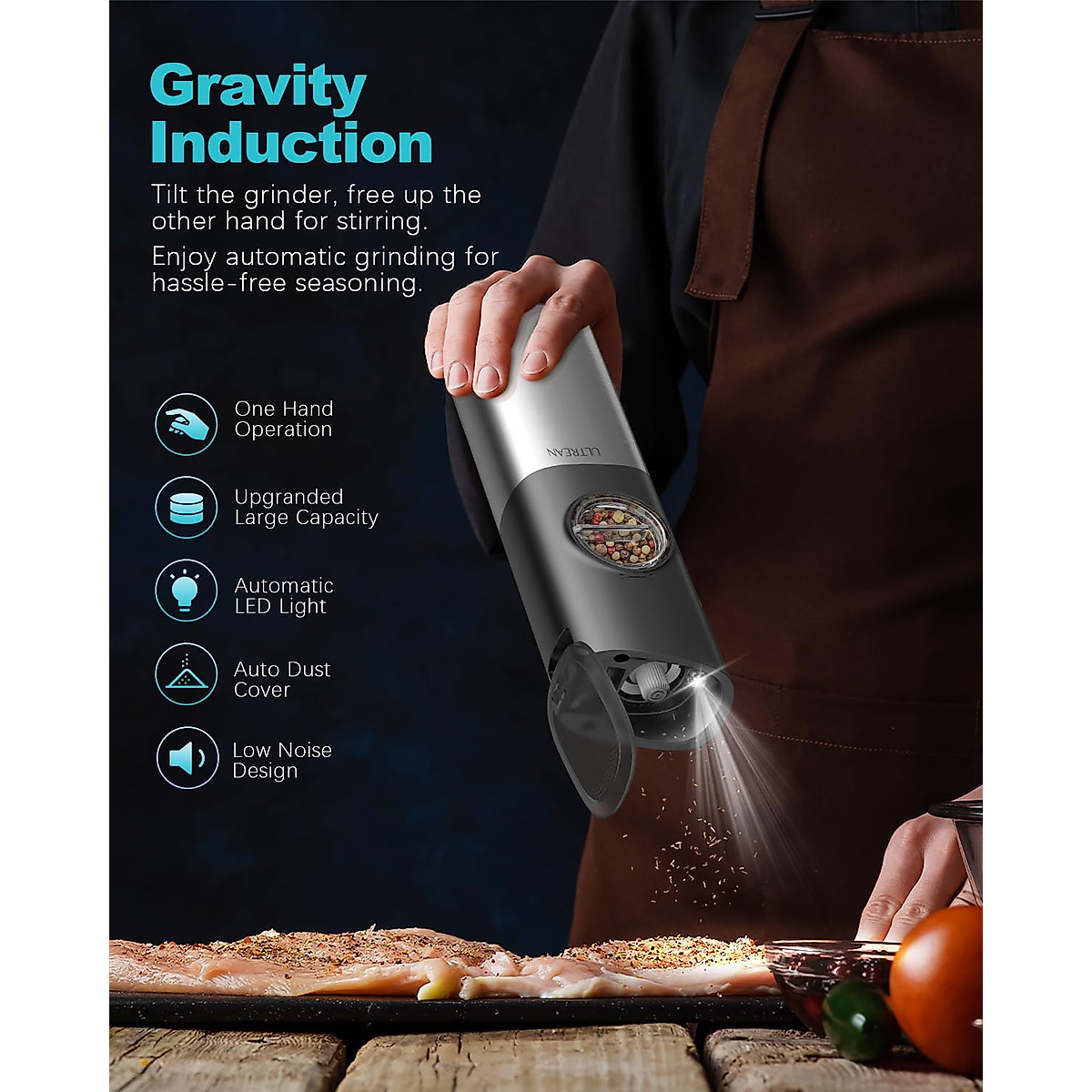Ultrean Gravity Electric Salt and Pepper Grinder Set - USB Rechargeable With Dual Charging Base - Adjustable Fineness - One Handed Operation, Stainless Steel Construction, Auto Dust Lids, LED Light