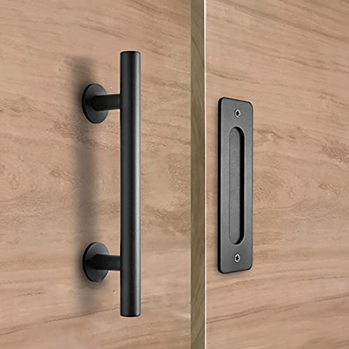 MIWOOYY 12 inch Barn Door Handle Matte Black - Handmade Rustic Sliding Barn Door Pull Flush Handles with Hook Lock Latch Set, Barn Door Gate Garage Hardware Kit