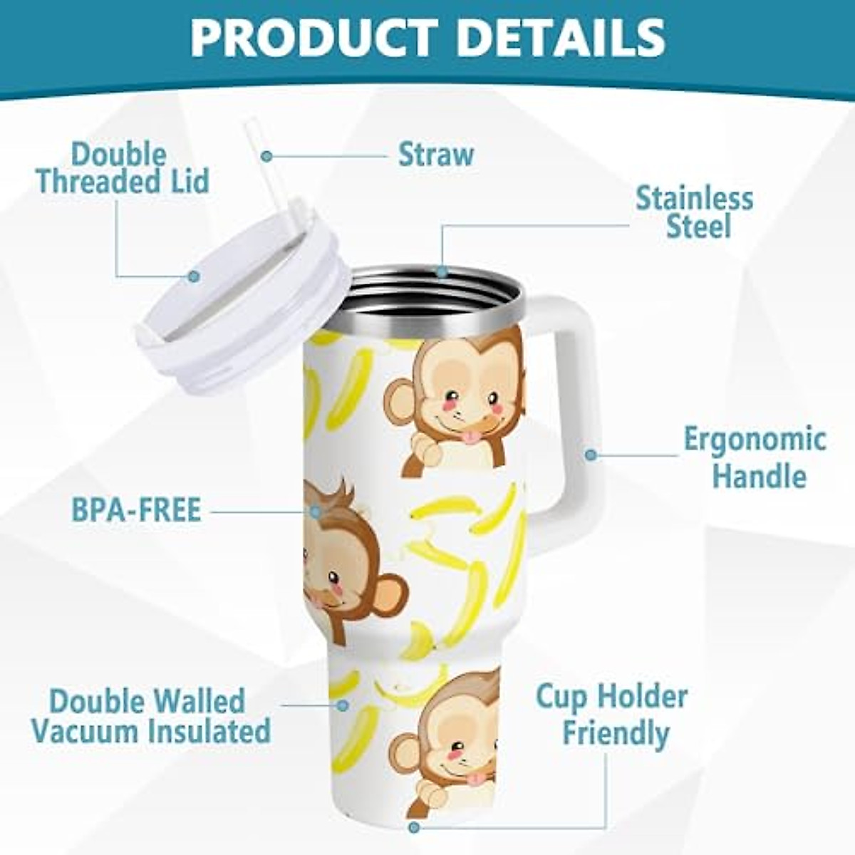 Stainless Steel Vacuum Insulated Tumbler 40 Oz with Handle and Straw, Cute Monkey Banana Travel Coffee Tumbler