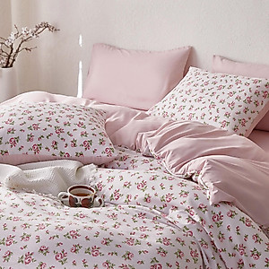Wake In Cloud - Coquette Duvet Cover Set, Floral Cottagecore Flower Shabby Chic Cute Aesthetic, Soft Lightweight Bedding for Women Teen Girls, 3-Piece, Pink, Twin/Twin XL Size