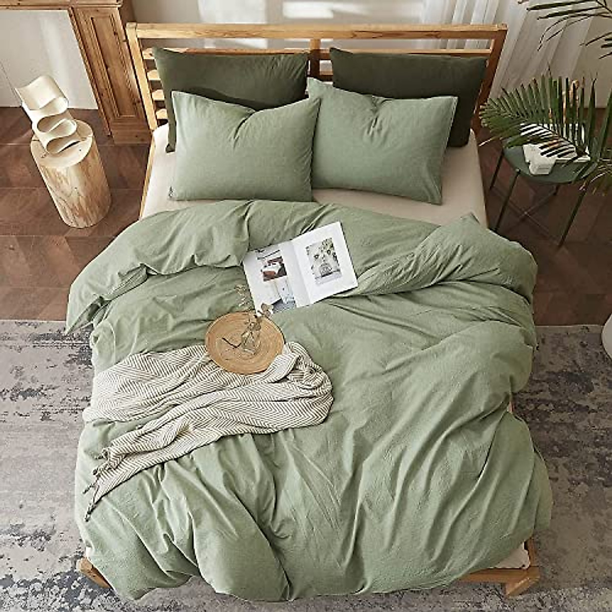 Modern Style Sage Green Duvet Cover Queen Size 100% Washed Cotton Light Green Bedding Sets Hotel Quality Solid Color Comforter Cover 1 Queen Duvet Cover with 2 Pillowcases Green Bedding Cover Set