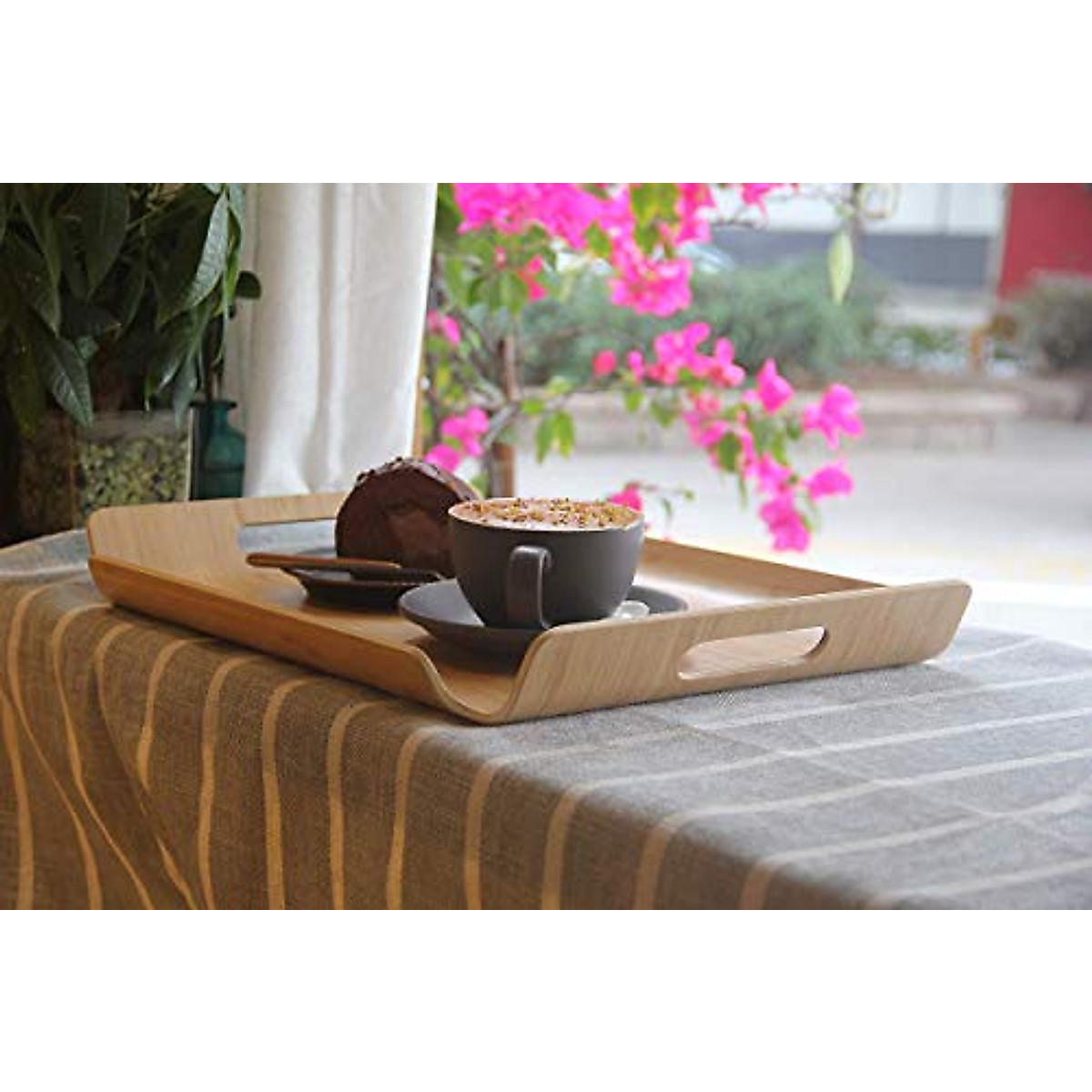 MXHAPPY Wood Serving Trays with Handles Bamboo Butler Trays Food Coffee Tea Breakfast Tray Rectangle Large, 18.1 X 14 Inch, 2 PCS