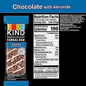 KIND Breakfast Cereal Bars, Gluten Free Snacks, Chocolate with Almonds, 9.3oz Box (6 Bars)