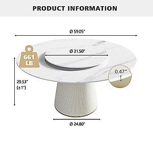 59'' Round Marble Dining Table for 6,Modern White Marble Sintered Stone Round Kitchen Table with Lazy Susan,Faux Marble Dining Table with Solid Wood Pedestal,Wrapped in PU Leather(Only Table)