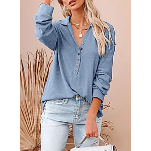 Dokotoo Business Casual Outfits for Women Stand Collar V Neck Button Up Long Sleeve Sweatshirt Solid Color Ribbed Henley Shirts Tunic Tops Knit Shirt Sky Blue Large