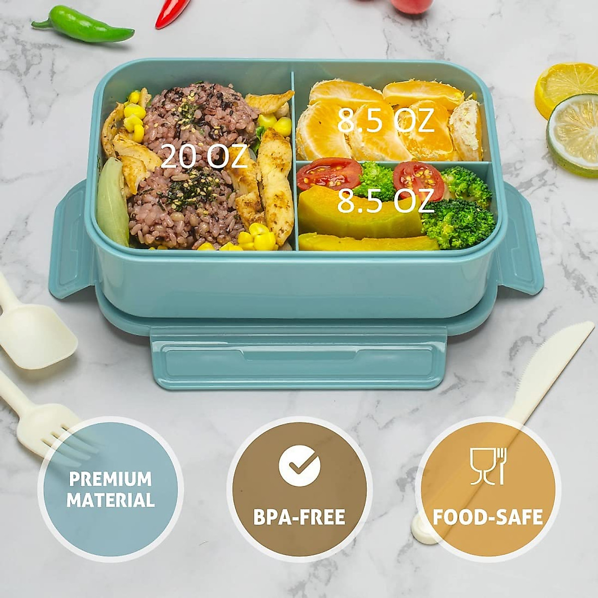 Bento Box For Adults Kids, 1100ML Lunch Container Bento Boxes With Built-in Utensil Set, Leakproof, Micro-Wave Dishwasher Safe(Teal Blue)