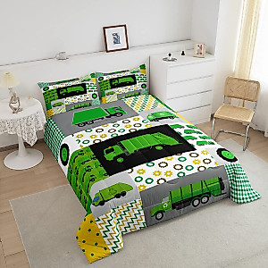 Green Garbage Truck Comforter Powered Waste Management Recycling Trucks Bedding Set Cartoon Garbage Truck Bedding Set for Kids Boys Girls Car Duvet Set Room Decor Quilt Set Full Size