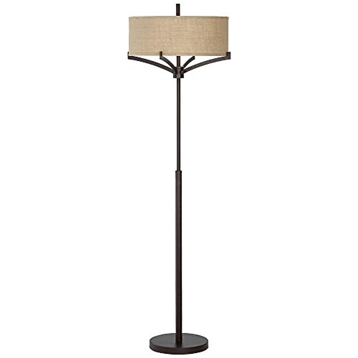 Franklin Iron Works Tremont Modern Mid Century Floor Lamp Standing 62" Tall Deep Bronze Metal Tan Burlap Drum Shade for Living Room Reading Bedroom Office House Home Decor