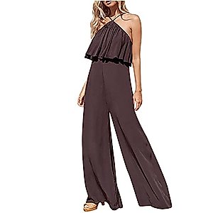 Bravetoshop Women's Sleeveless Suspender Jumpsuit Halter Neck Ruffle Hem Overalls Summer Boho Wide Leg Romper (Black,L)