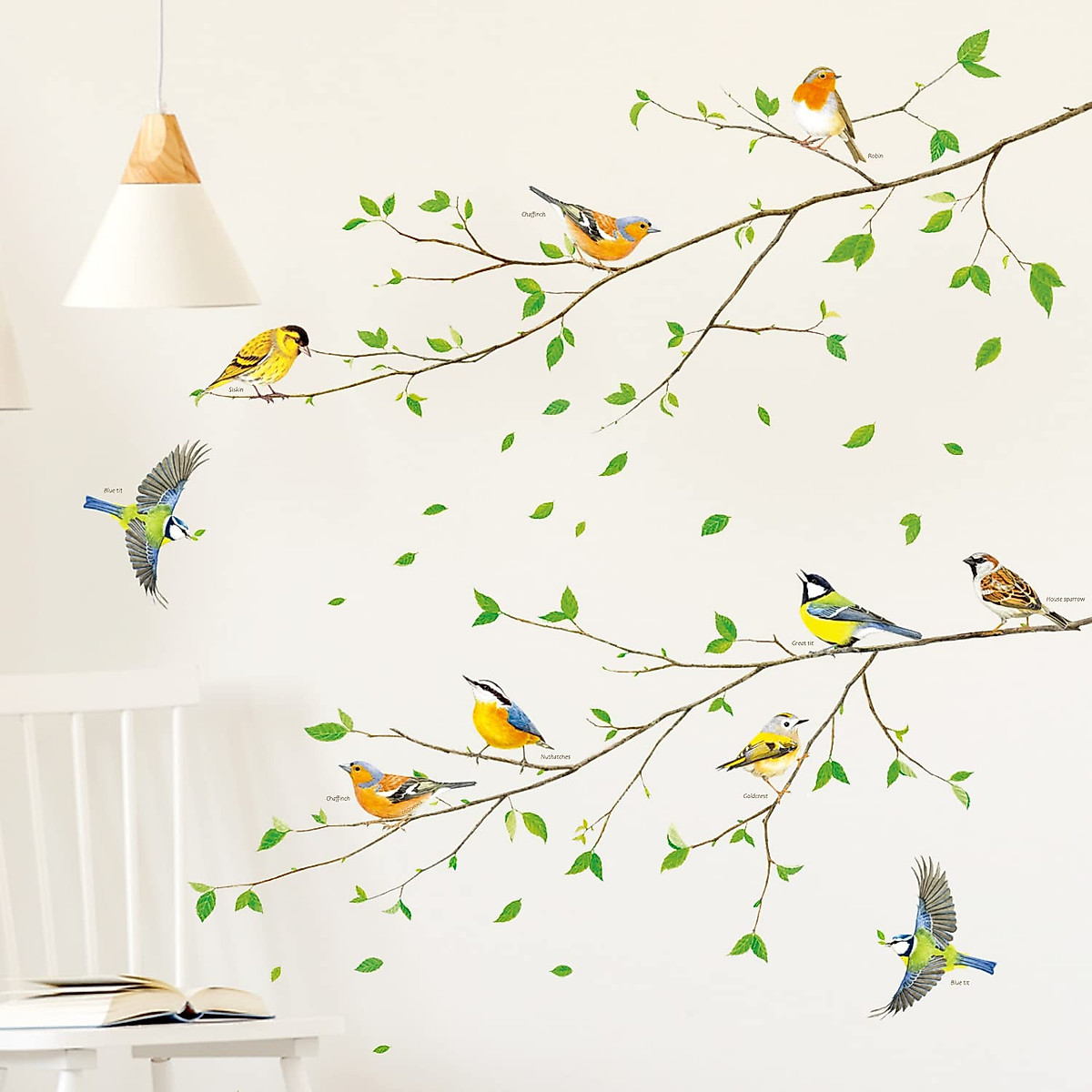 DECOWALL SG-2111 Birds on Tree Branch Wall Decals Flying Bird Green Leaves Stickers Removable for Kids Nursery Bedroom Living Background Room Home Decor Art DIY