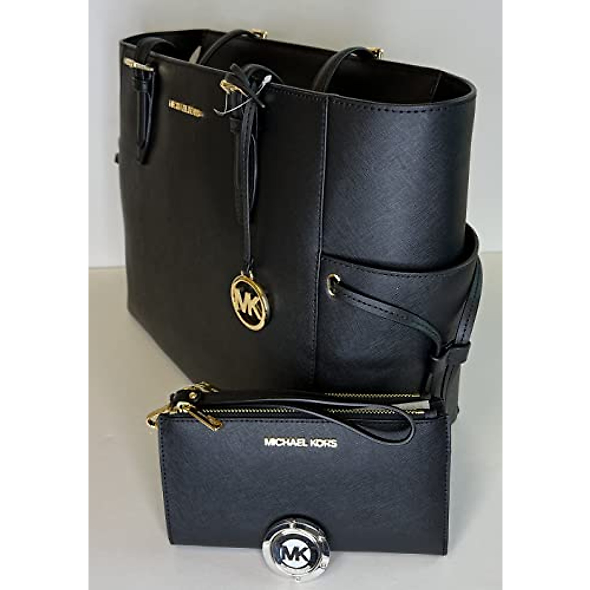 Michael Kors MICHAEL Michel Kors Gilly Large Drawstring Travel Tote bundled with Double Zip Wristlet Purse Hook (Black)