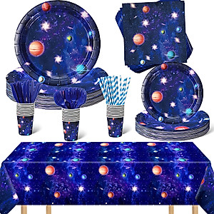 176 Pcs Space Party Decorations Supplies Galaxy Party Tableware Set, Space Themed Party Supplies Plates Napkins Cups Knives Straws Forks Spoons Sets Tablecloth for Boy Girl