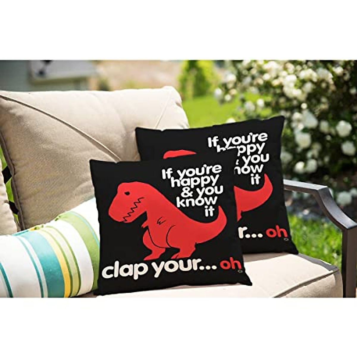 Vosach Dinosaur Outdoor Indoor Pillow Covers, Red Dino If You are Happy You Know It Home Decorative Throw Pillow Case Cushion Cover for Sofa/Bed/Patio/Garden/Balcony, 18x18 Inch, 2 Pcs