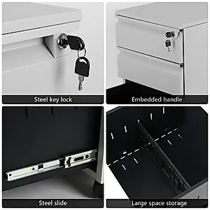 3 Drawer Mobile File Cabinet, Under Desk Metal Filing Cabinet with Lock and Wheels, Filing Cabinets for Home Office, Legal/Letter/A4 File Folders Storage, 15.35"Wx19.68"Dx25.59"H Unassembled(WHITE)