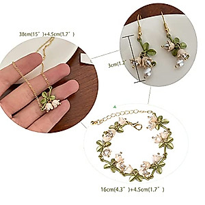yomlry Flower Leaf Jewelry Sets for Women Green Pearl Necklace and Earring Sets Lily of the Valley Dangle Earrings Green Prom Jewelry for Women Girls lily of the valley1