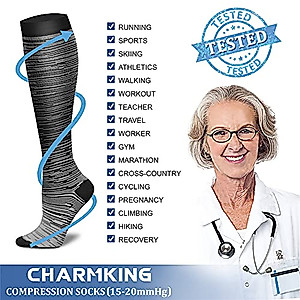 CHARMKING Compression Socks for Women & Men (8 Pairs) 15-20 mmHg Graduated Copper Support Socks are Best for Pregnant, Nurses - Boost Performance, Circulation, Knee High & Wide Calf (L/XL, Multi 29)