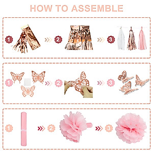 Rose Gold Birthday Party Decorations Kit for Women Girls, Foil Confetti Rose Gold Balloon Pink Happy Birthday Banner Fringe Curtains Butterfly Decor Circle Dots Tassels Pom Supplies 30th 40th 50th Her
