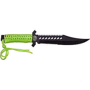 Z-Hunter – Fixed Blade Survival Knife – Partially Serrated Black Steel Blade with Sawback, Full Tang, Green Cord Wrapped Handle w/Lanyard, Nylon Sheath, Outdoor, Hunt, Camp, Hike, Survival, ZB-103