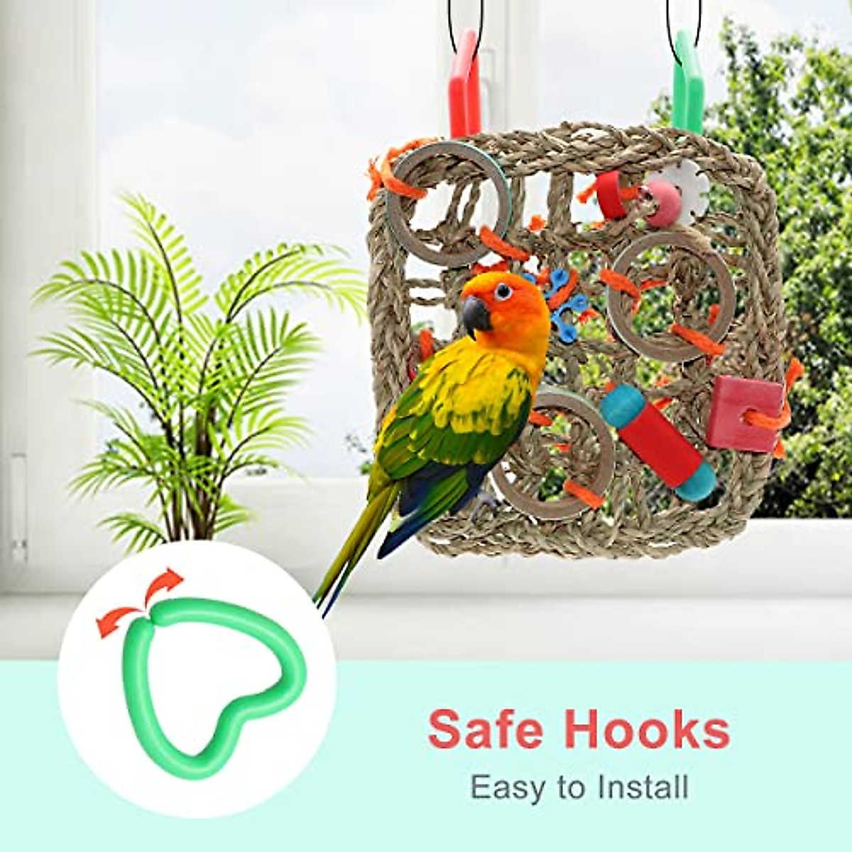 Wontee Bird Climbing Net Parrot Straw Braid Rope Hanging Foraging Wall for Parakeet Cockatiel Budgie Lovebird Cage Swing Toy