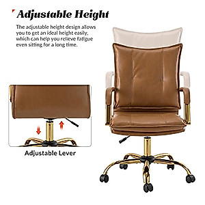 HULALA HOME Faux Leather Home Office Desk Chair, Adjustable Swivel Computer Chair with Golden Legs and Arms, Comfy Upholstered Task Chair,Camel