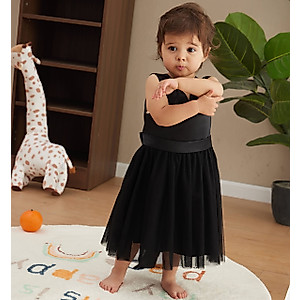TENTIDE Baby Girl Black Dress Wedding Sleeveless V Neck A-line Bridesmaid Party Dresses Princess Tulle Ball Gown (Black,6-12 Month)
