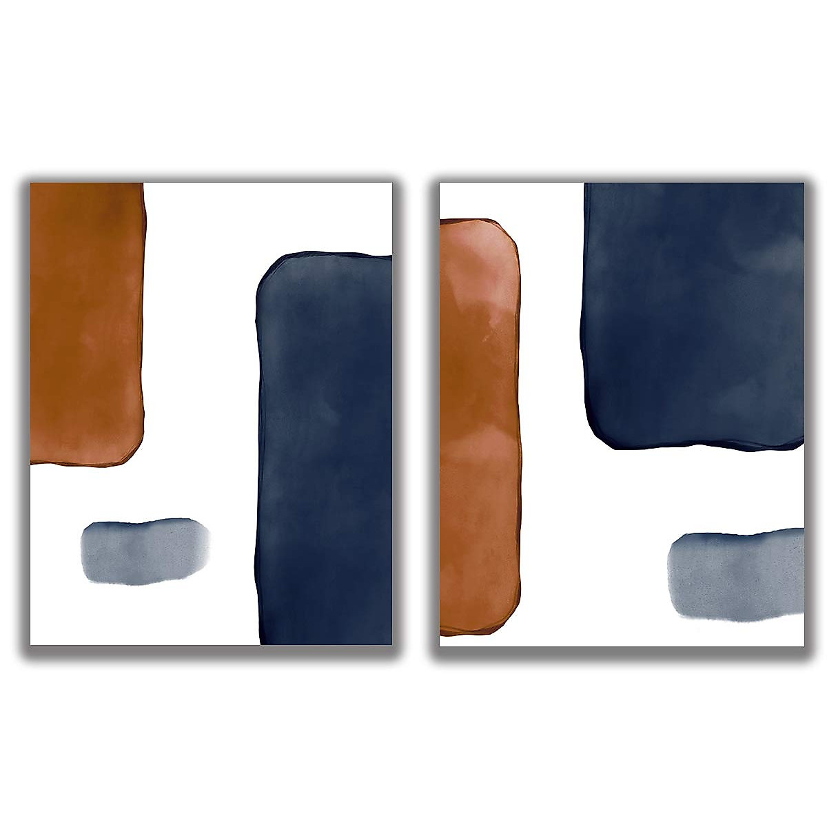 Abstract Navy Blue, White & Rust Blocks Wall Art. Set of 2 11x14 UNFRAMED Prints. Abstract, Minimalist Modern Wall Decor. Neutral Shades of Dark Indigo Blue, Burnt Orange and White.
