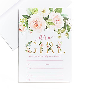 All Ewired Up 25 Pink It's A Girl Baby Shower Invitations with Envelopes (Large Size 5x7) Boxed Set, Double-Sided, Boho Floral Greenery, Sprinkle, Blush Boho