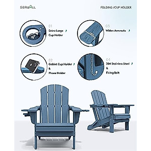 SERWALL Folding Adirondack Chair, HDPE Adirondack Chairs, Plastic Outdoor Chairs- Looks Exactly Like Real Wood- Navy