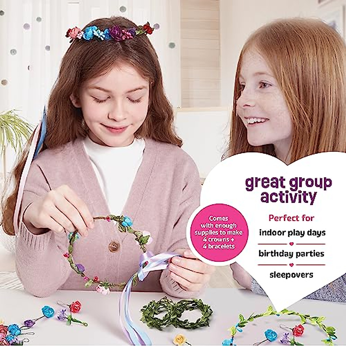 Flower Crowns & Bracelet Making Kit for Girls - Make Your Own Jewelry Kits for Kids - DIY Hair Accessories Set - Arts & Crafts Gift for Ages 6-12 Year Old Girl - Craft Maker Gifts Toys Age 6 7 8 9 10