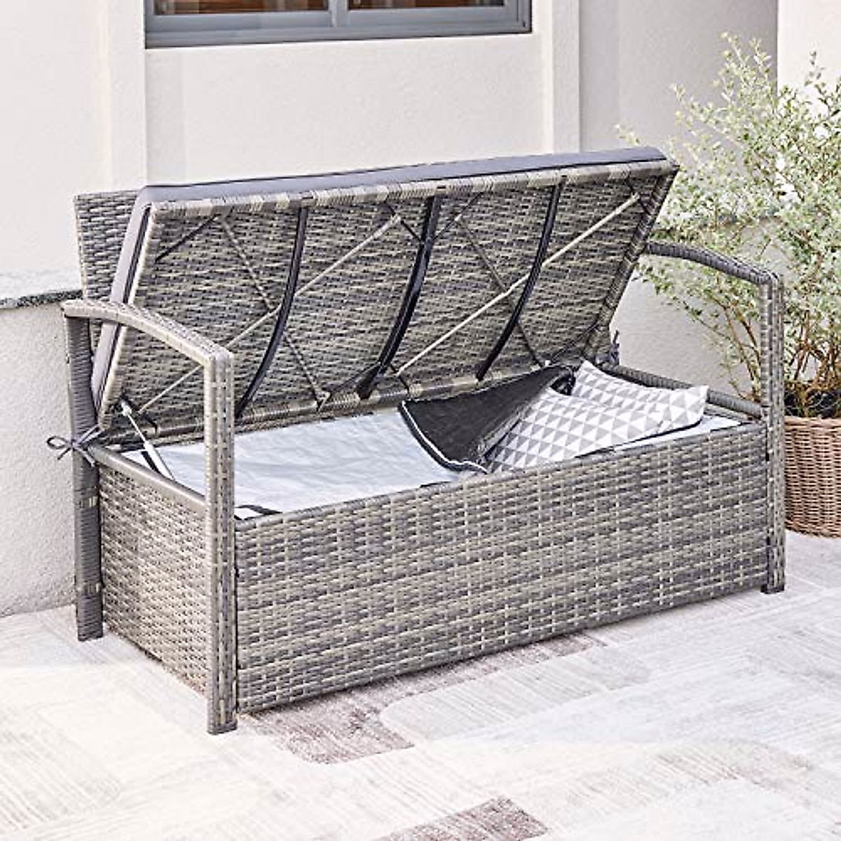 VIFAH V1924 Gabrielle All-Weather Resin Wicker Lounge Patio Sofa Storage Bench in Grey with Cushion, Gray