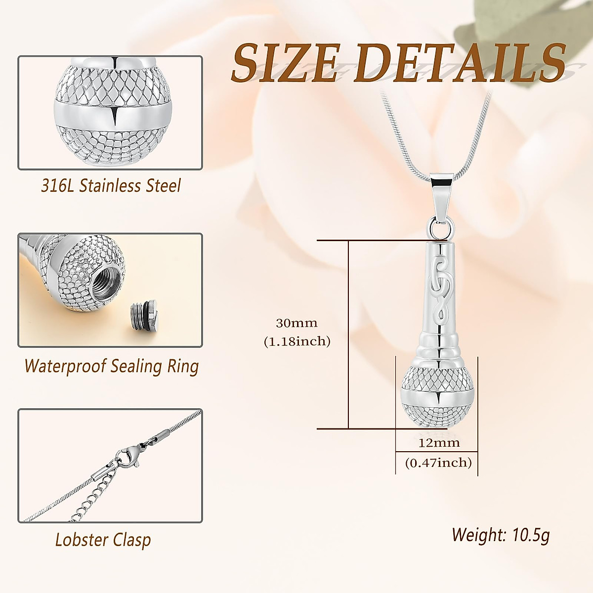 Microphone Cremation Jewelry for Ashes - Memorial Urn Necklace Ashes Holder Stainless Steel Keepsake Pendant Jewelry for Music Lover(Silver)