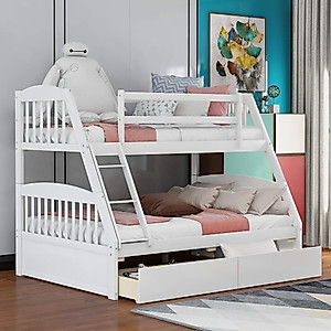 Merax Solid Wood Twin Over Full Bunk Bed with Two Storage Drawer, Removable Ladder and Safety Guardrail for Kids, Teens, Adults, Convertible to 2 Separated beds (White)