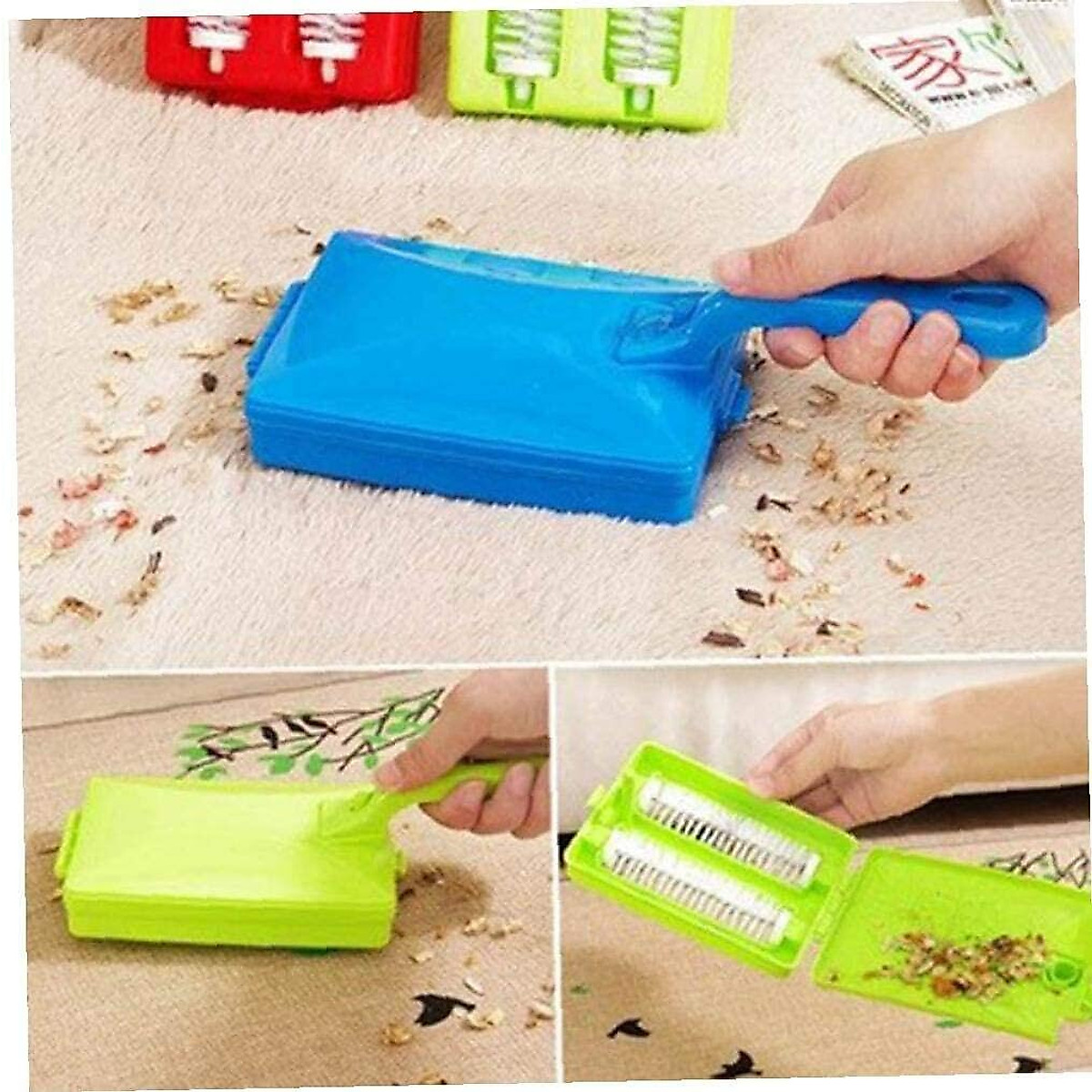 Generic Carpet Double Brush Handheld Sweepe Table Dust Brush Dirt Crumb Collector Cleaner Roller Tools Random Color, Silver